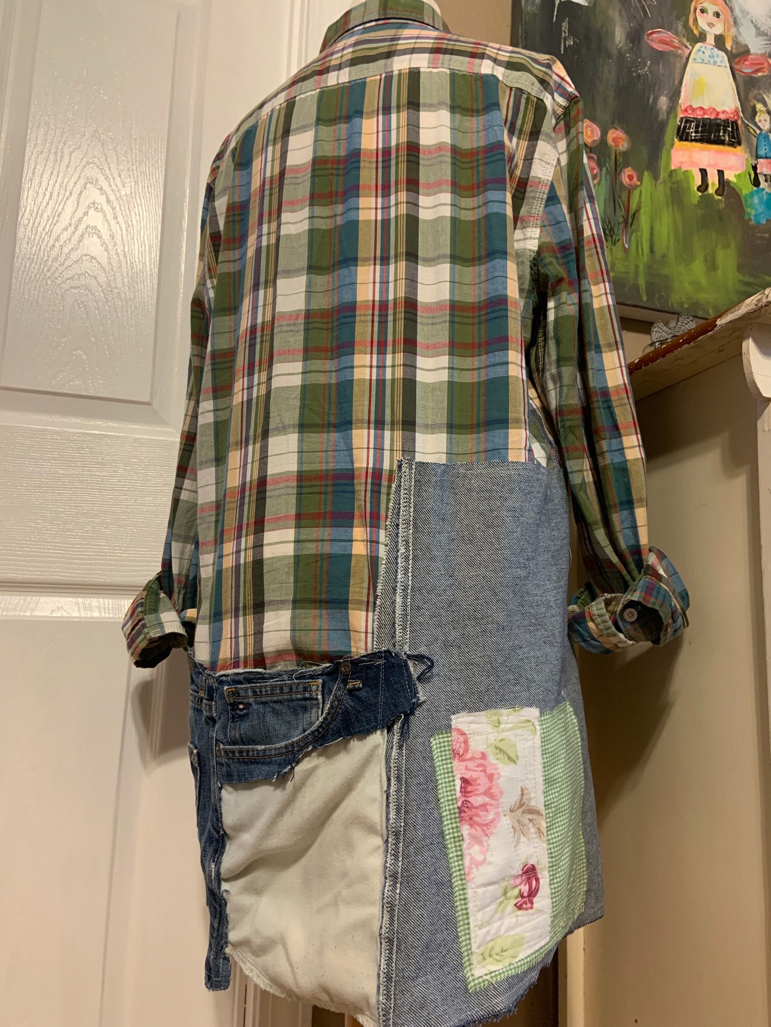 Upcycled Denim and Cotton Green Plaid Shirt Jacket Upcycled - Etsy