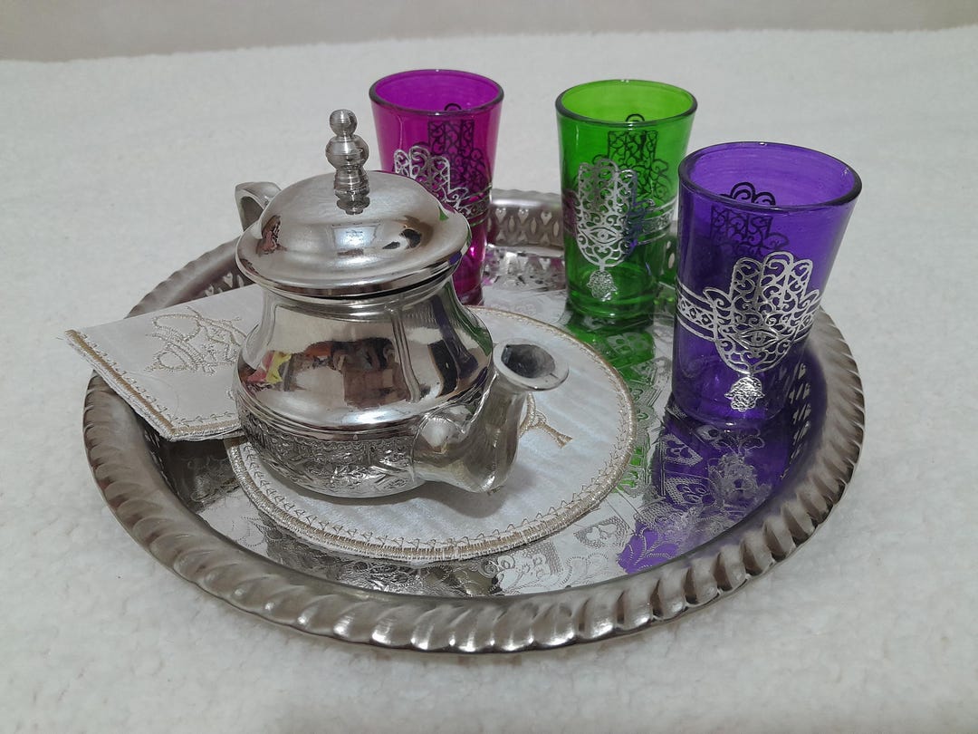 Moroccan Silver Tea Set With Colorful Glasses - Etsy
