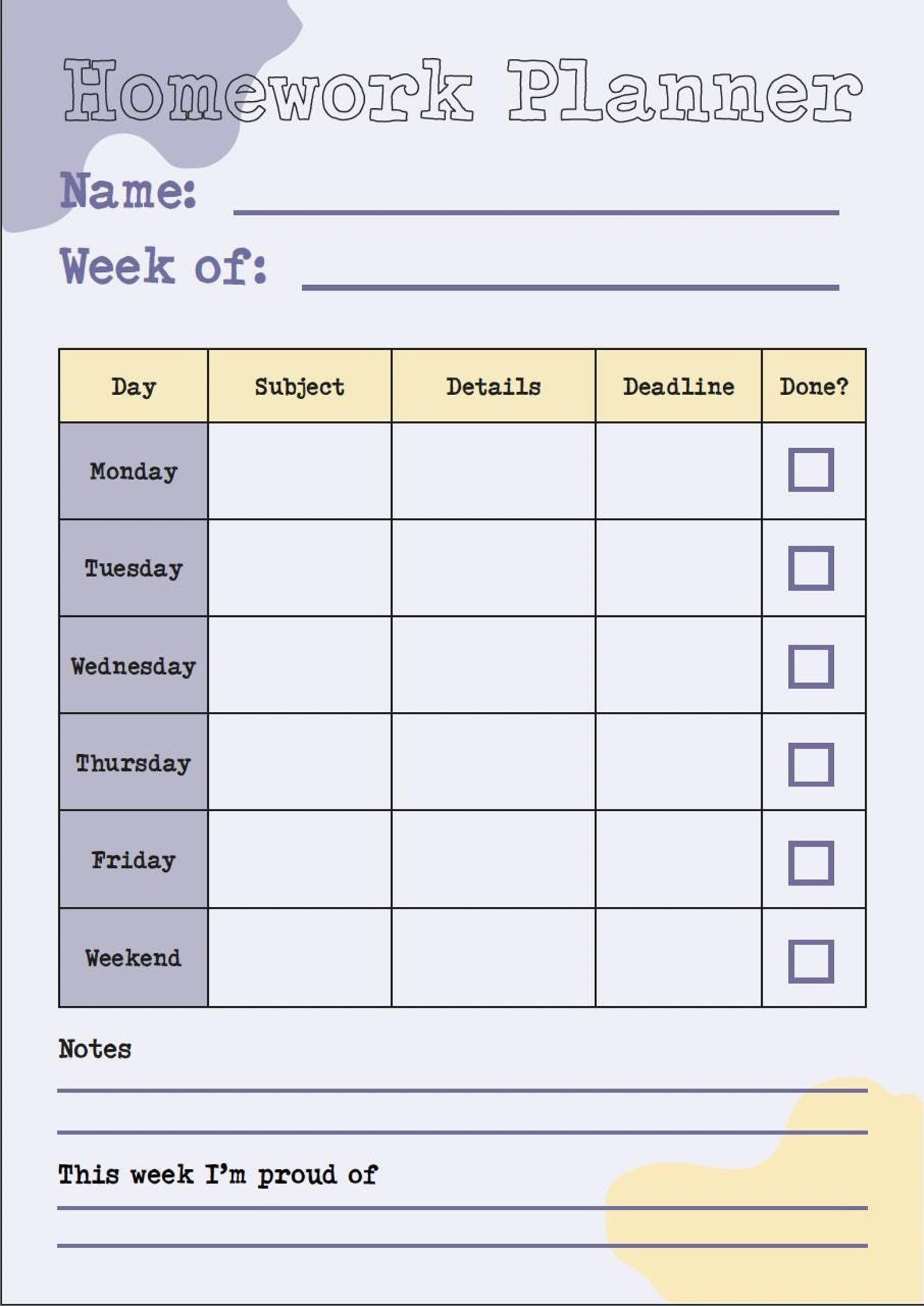 Cute Pastel Printable Student Homework Planner Purple and Yellow - Etsy