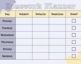 Cute Pastel Printable Student Homework Planner Purple and Yellow - Etsy