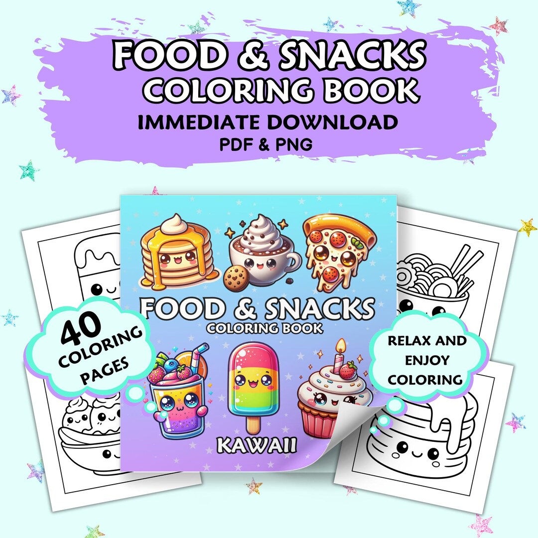 Cute Food Kawaii Coloring Book PDF PNG | 40 Pages Foods & Snacks ...