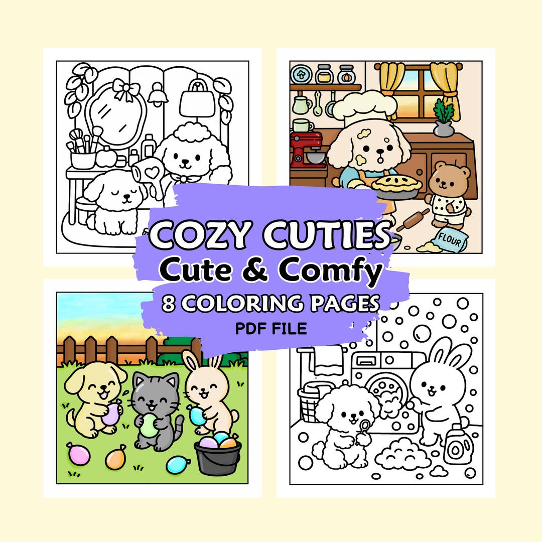 Cozy Cuties: Cute and Comfy Coloring Pages, 8 Printable PDF Pages With ...