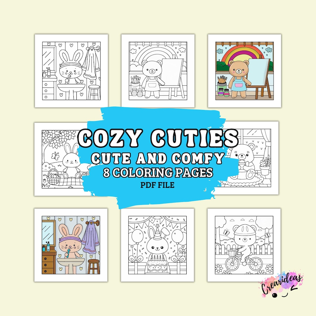Cozy Cuties: Cute and Comfy Coloring Pages, 8 Printable PDF Pages With ...