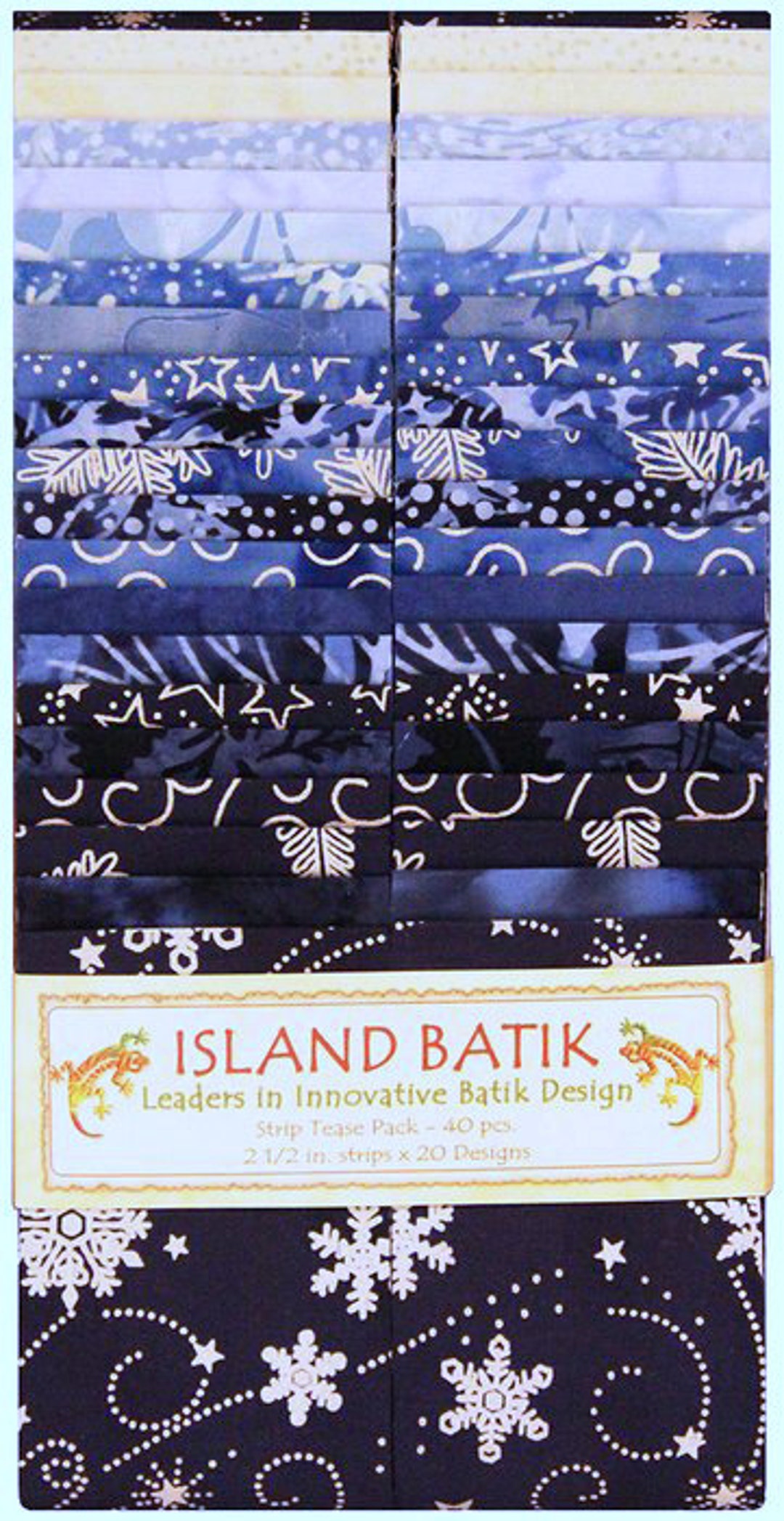 LAST CALL Blue Moon Strip Pack, Island Batik, 2.5" Precut Blue White Winter Silver Metallic ...
