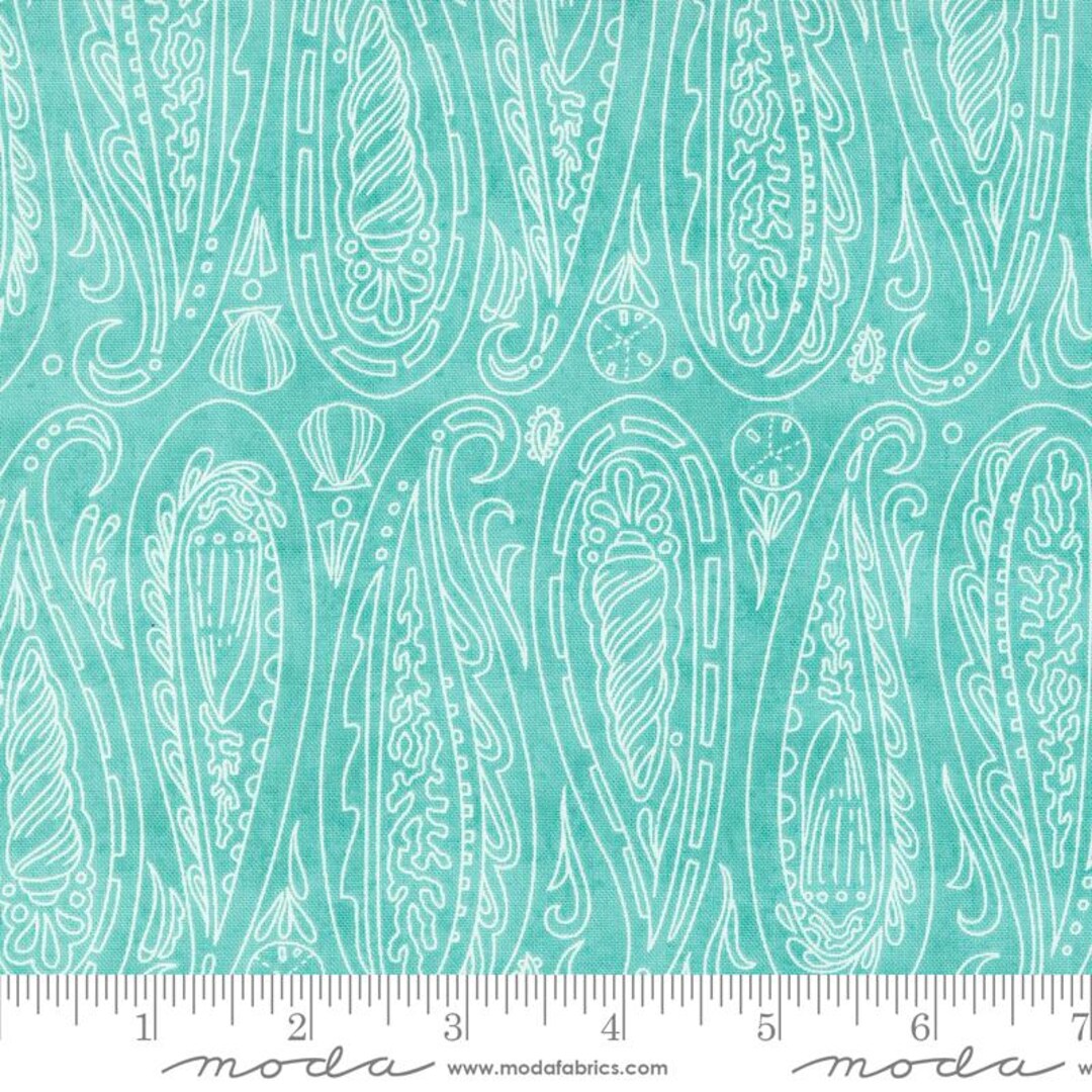 Serena Shores - Teal Paisley Beach Shells Fabric, Moda 48772 21 Aqua ...