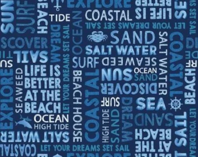 Indigo Coastal - Beach Text Blue Fabric, Studio E 3996-77, Blue Beach ...