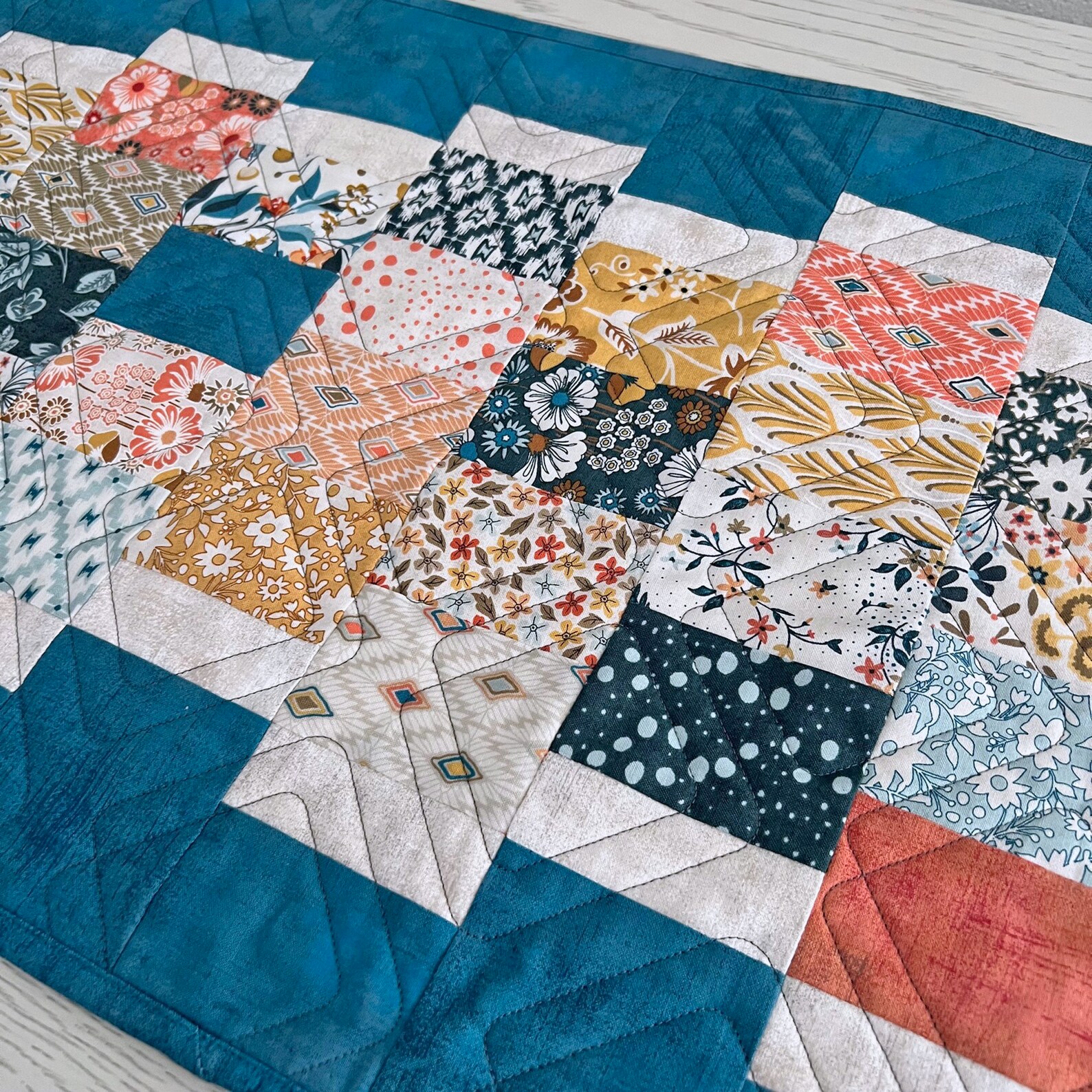 Modern Patchwork Blue Coral Quilted Table Runner, 15.25 X 36 Table Quilt, Blue Coral Gold Table ...