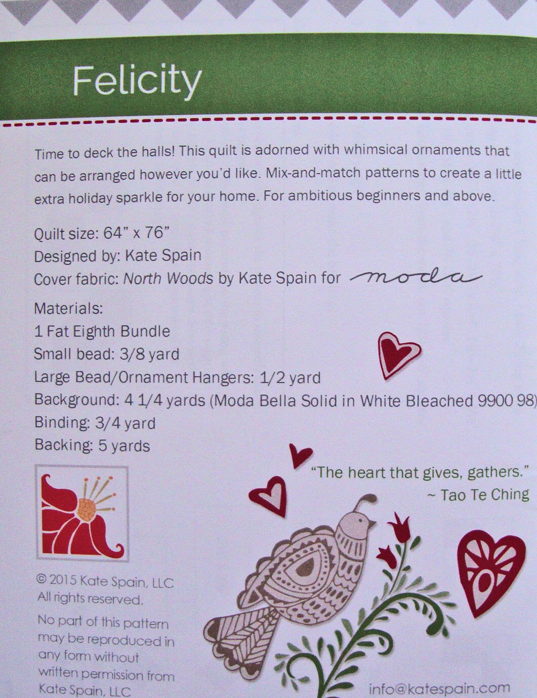 Felicity Quilt Pattern, Kate Spain KS1505, 36 Fat Eighths F8 Friendly ...