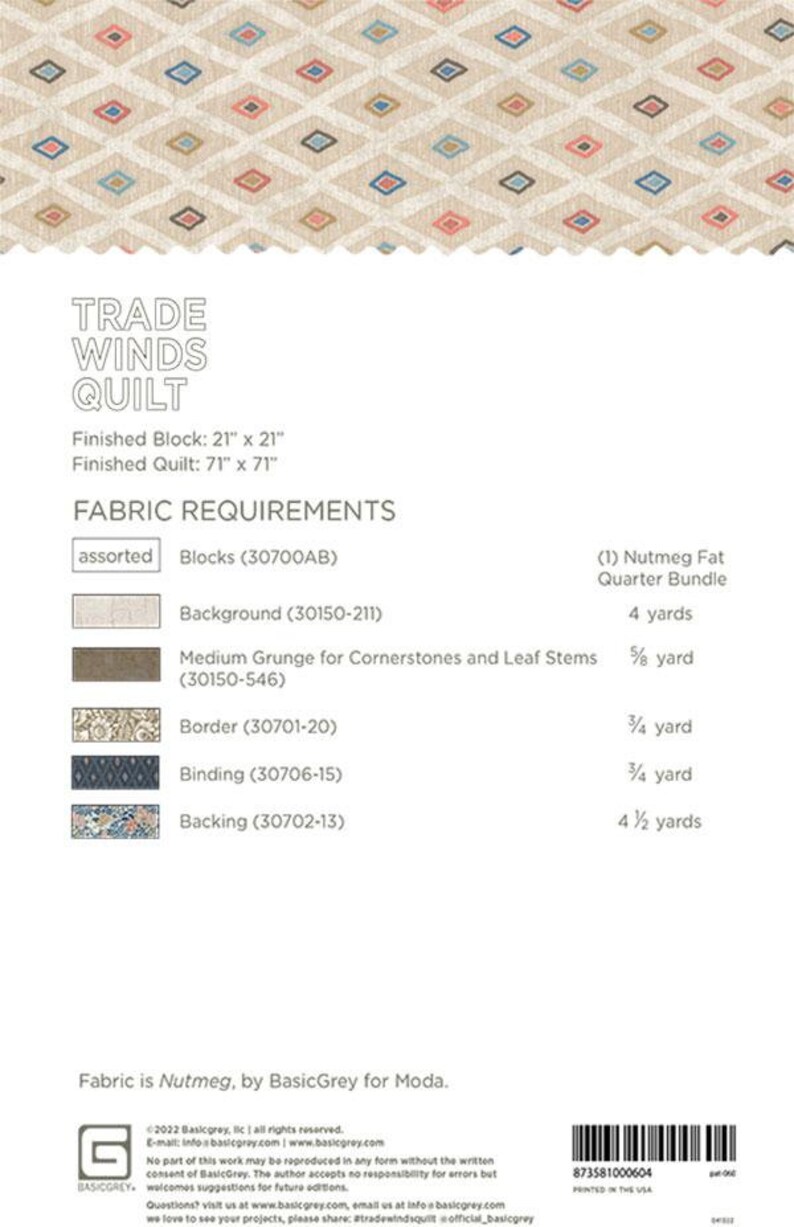 Trade Winds Quilt Pattern, Basicgrey PAT060, Fat Quarter FQ Friendly Pattern, Blowing Falling ...