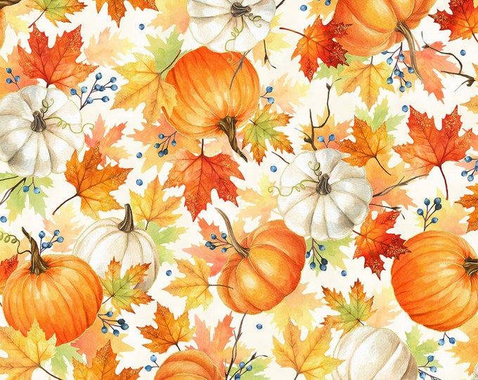 Harvest Pumpkins Fabric Gold Metallic Accents, U4985H-116G, Hoffman ...