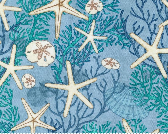 Serena Shores - Starfish Coral Sand Dollars on Blue Fabric, Moda 48771 ...