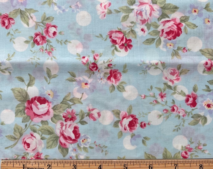 REMNANT Princess Rose - 20" of Pink Roses on Blue Fabric, Lecien 31265 ...