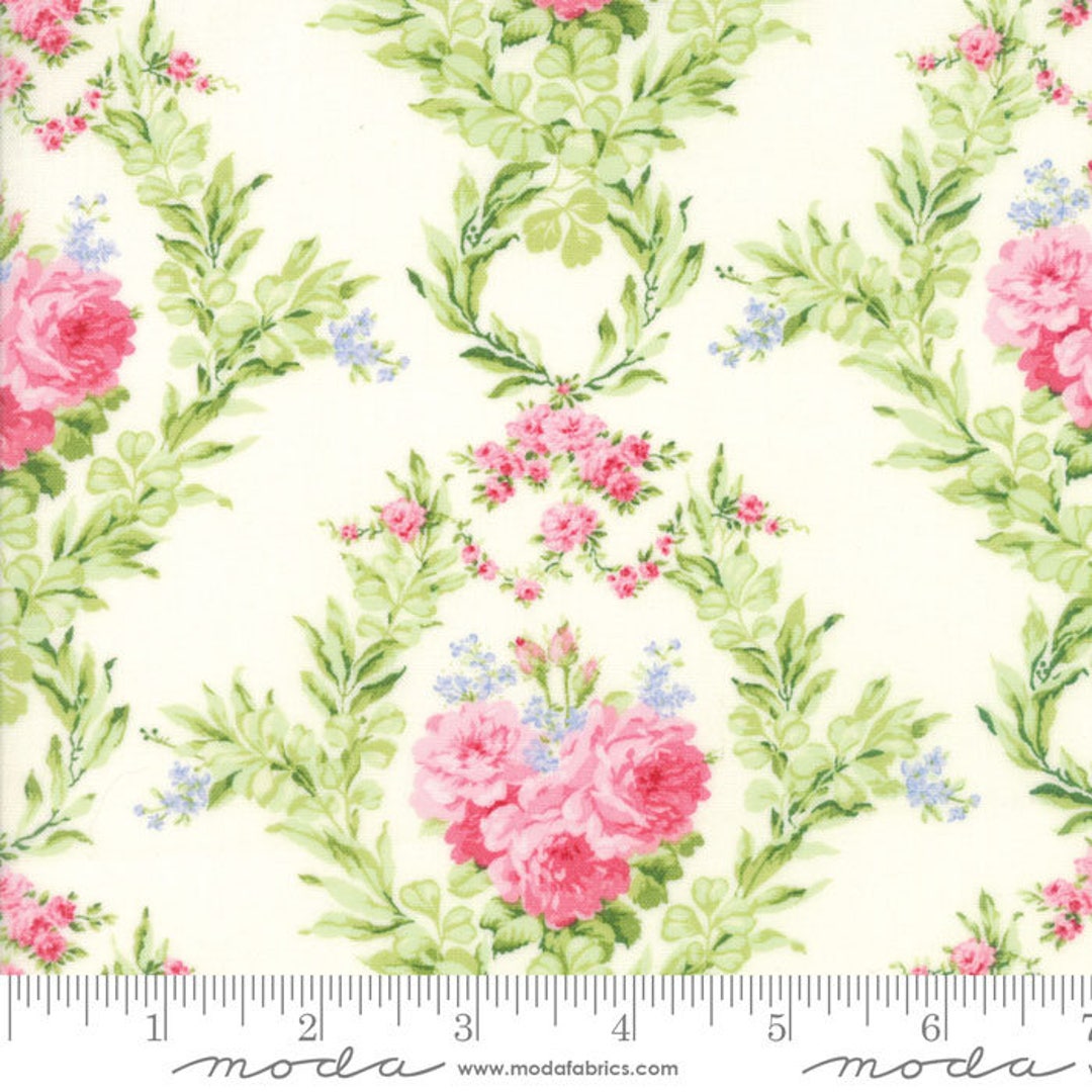 Guernsey - Pink Green Roses on White Floral Fabric, Moda 18640 11 ...