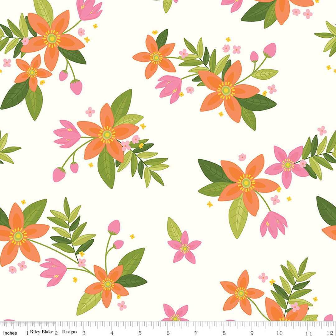 LAST CALL Orange Pink Flowers on White Fabric C10140-CLOUD - Etsy