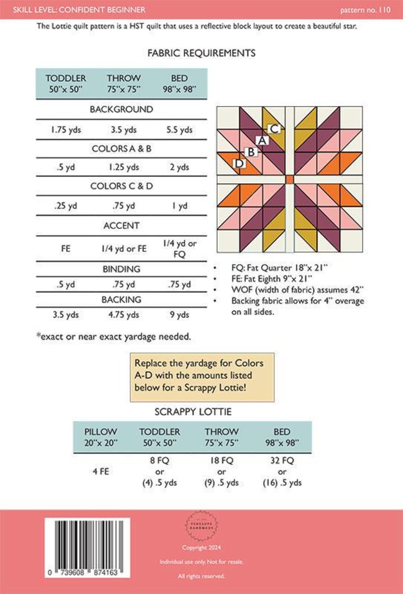 Lottie Quilt Pattern, Penelope Handmade PHM110, Fat Quarter Yardage ...