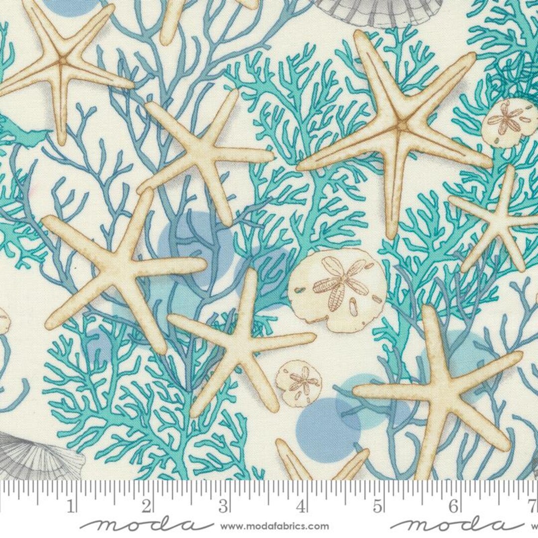 Serena Shores Starfish Coral Sand Dollars on Cream Fabric, Moda 48771 11 Cloud, Robin Pickens ...