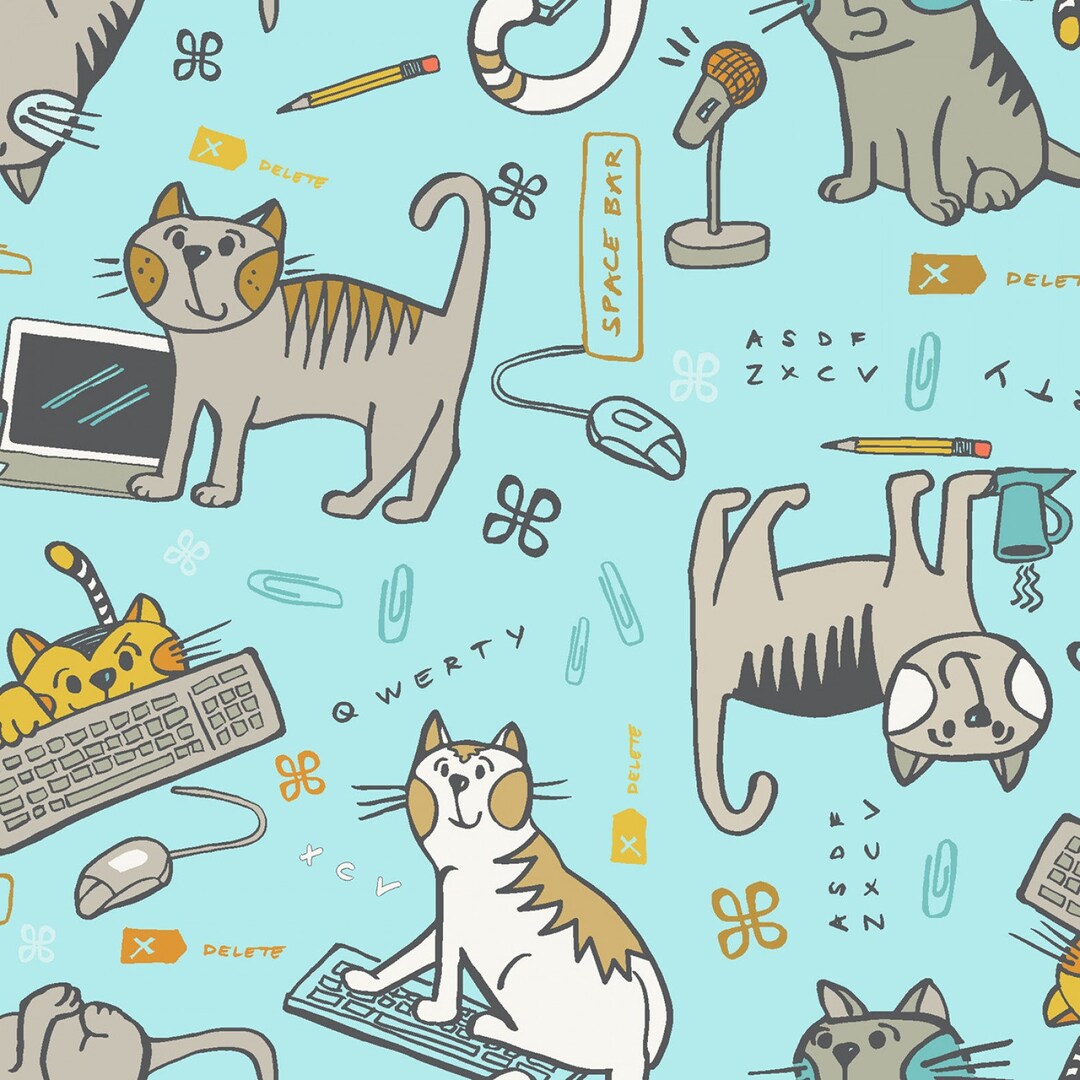 REMNANT 31 of Keyboard Cats Light Aqua Blue Mischief Cats on Aqua ...