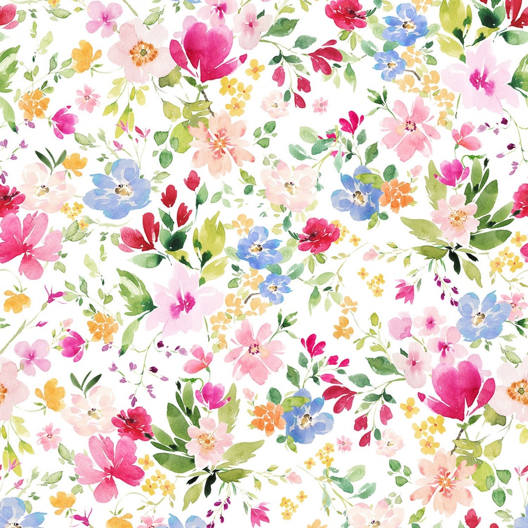 Flourish White Digital Packed Floral Fabric, Clothworks Y4094-1 White ...