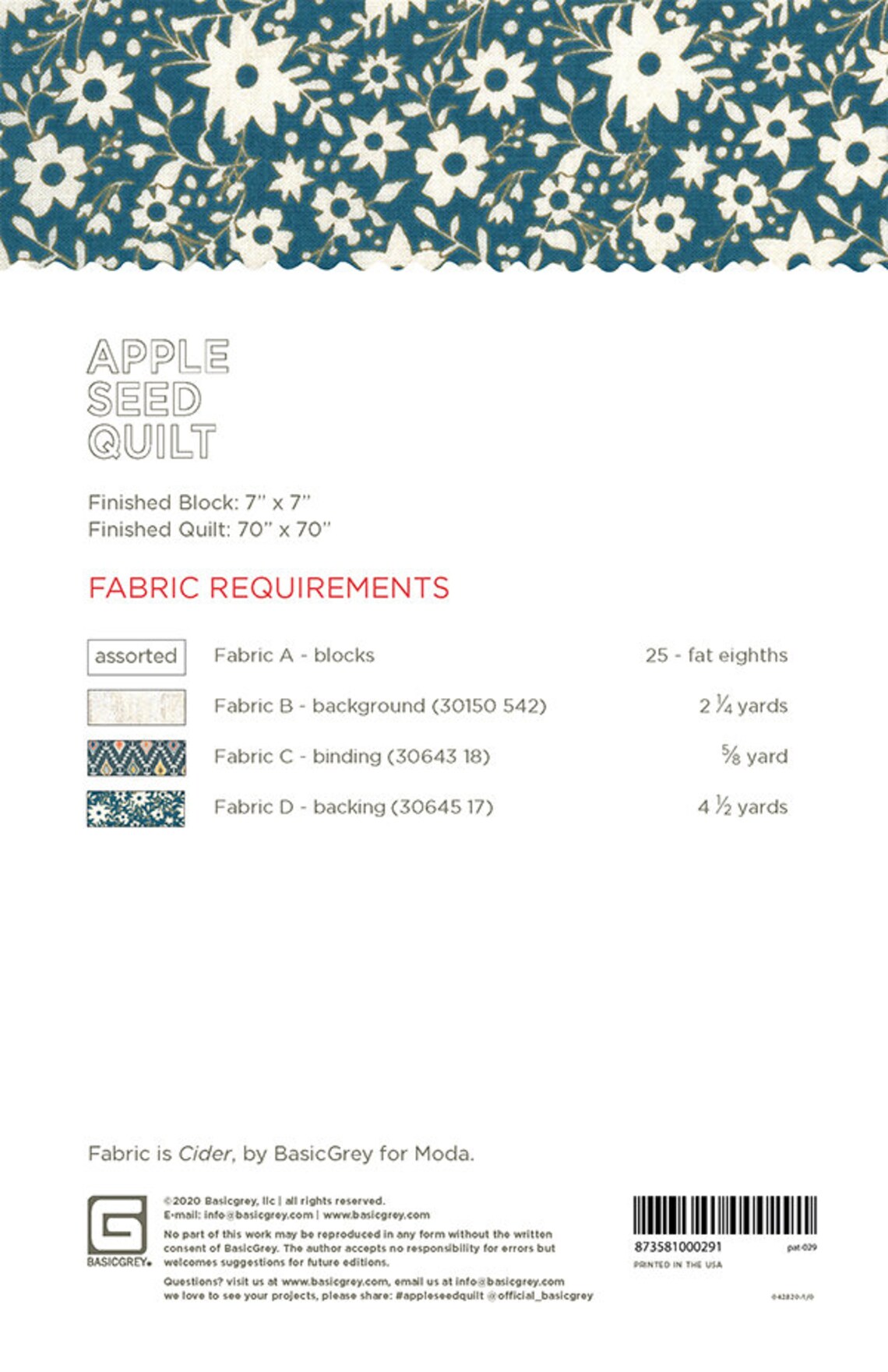 Apple Seed Quilt Pattern, Basicgrey PAT029, Fat Eighths Eights F8 ...