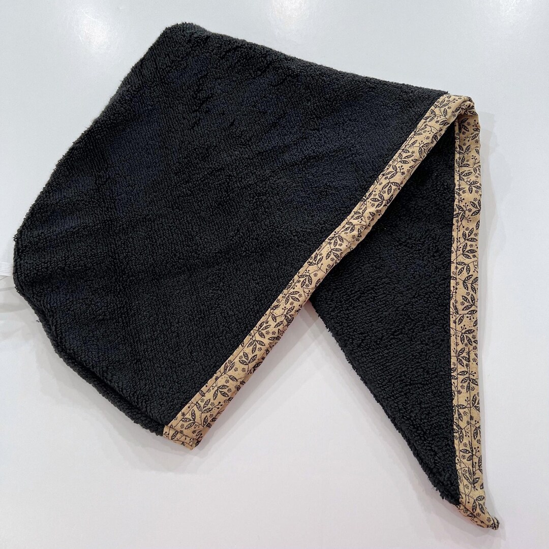 Black Hair Towel With Tan Vine Fabric Trim, Cotton Head Turban Towel ...