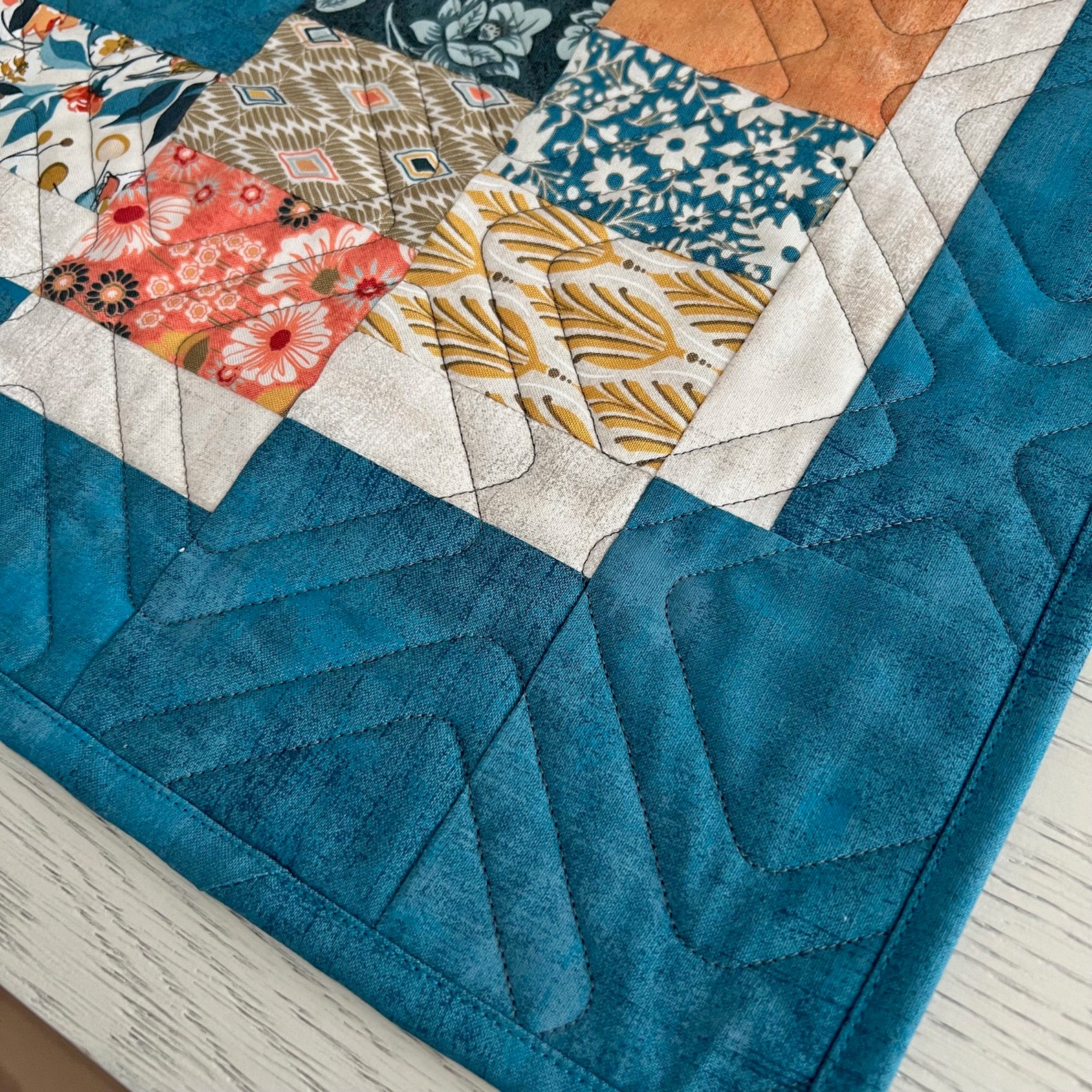 Modern Patchwork Blue Coral Quilted Table Runner, 15.25 X 36 Table Quilt, Blue Coral Gold Table ...