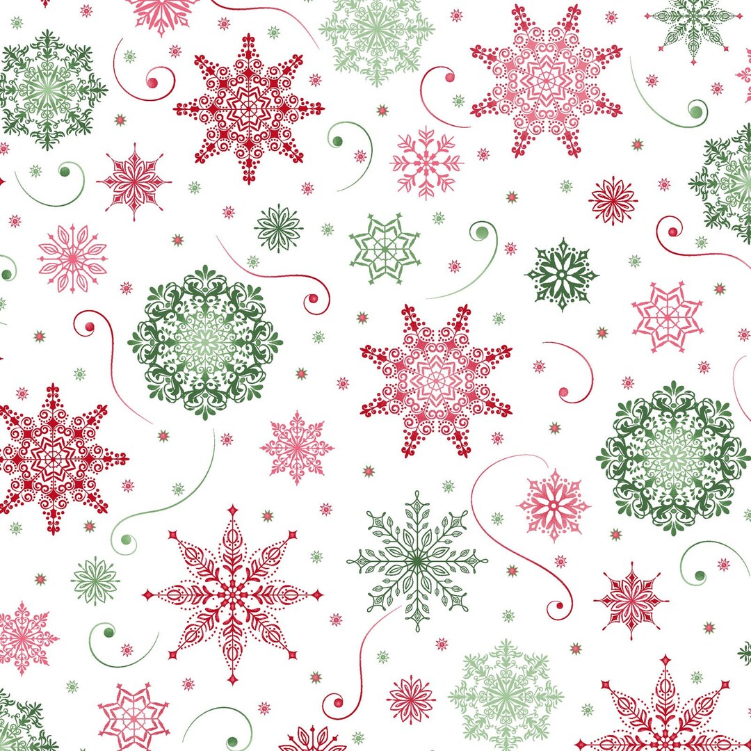 Red Green Snowflakes on White Fabric MAS10363-W Christmas - Etsy