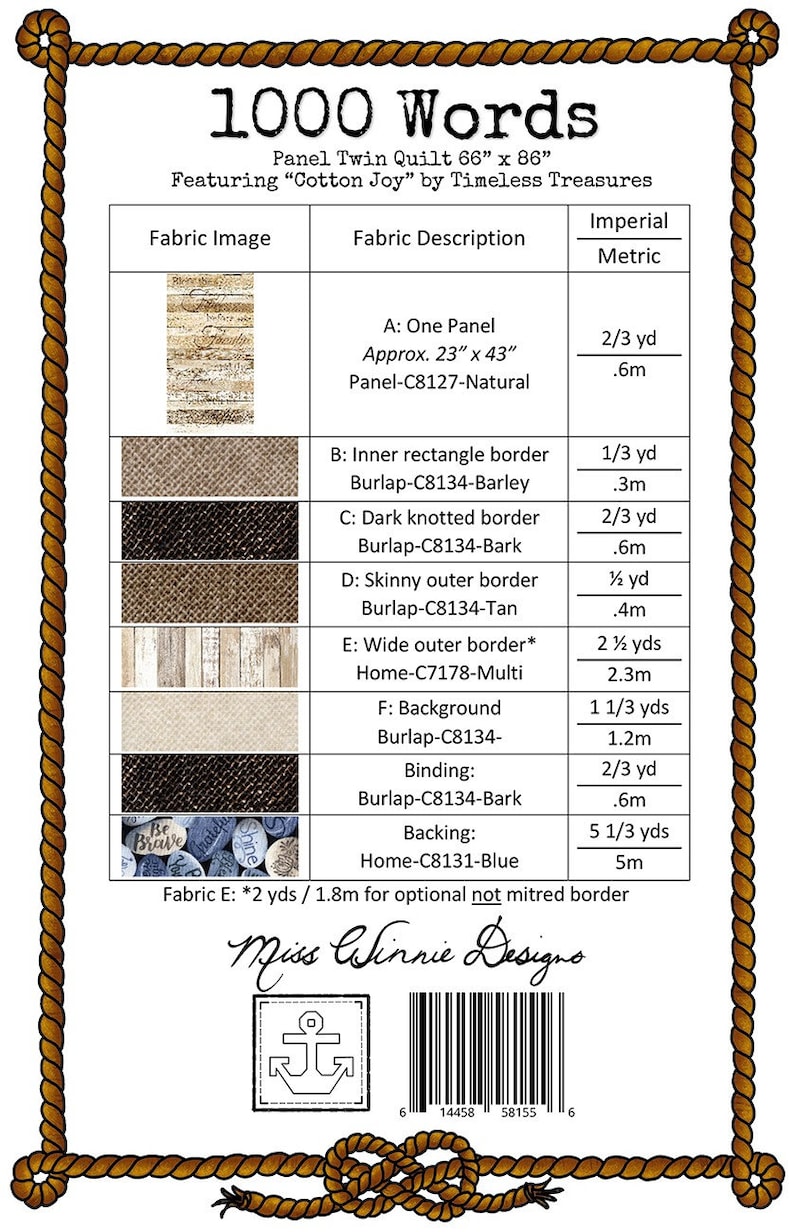 1000 Words Panel Frame Quilt PATTERN, Miss Winnie Designs MWD1W18 ...