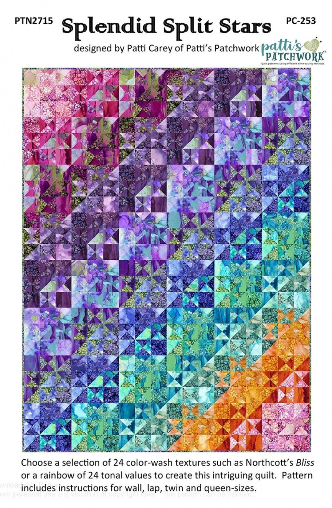 Splendid Split Stars Quilt Pattern, Patti's Patchwork PC253, Rainbow Ombre Star Lap Throw Twin ...