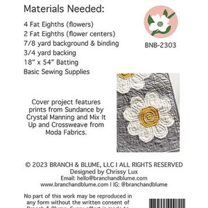 Bloomberg Table Quilt Pattern, Branch and Blume BNB2303, F8 Eighths Yardage Friendly Flower ...