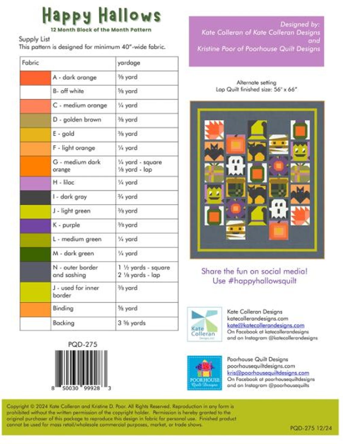 Happy Hallows BOM Quilt Pattern, Poorhouse Quilt Designs PQD-275 ...