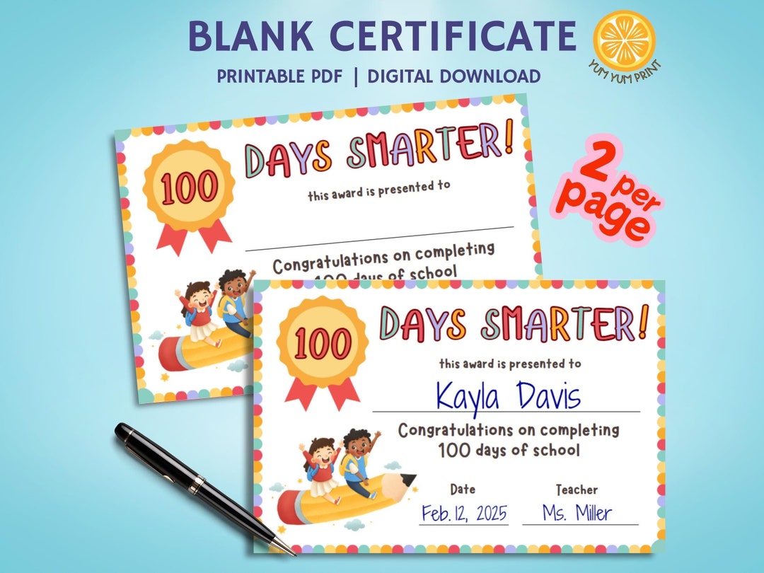 100 Days of School, 100th Day of School Certificate, 100 Days Smarter ...