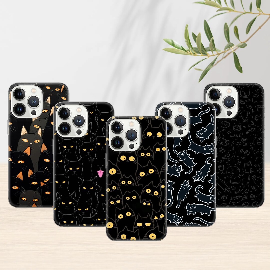 Black Cat Phone Case Meme Doodle Cover for iPhone 16 Pro, 15, 14, 13 ...