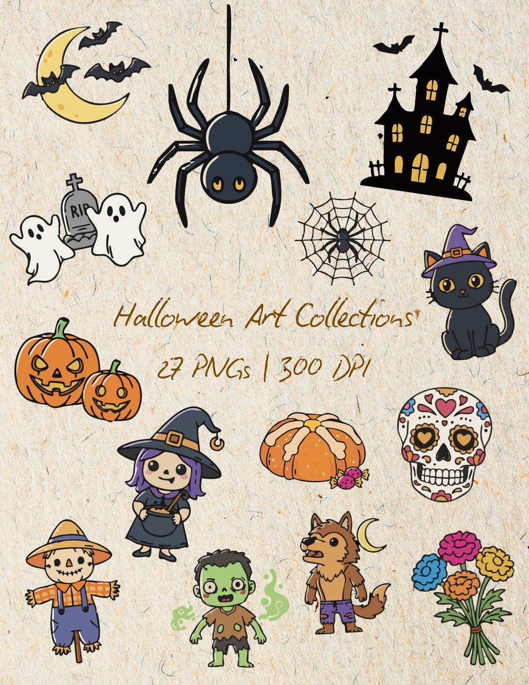 Halloween Clipart Illustrations Cute Spooky Clipart Set 300 DPI PNG ...