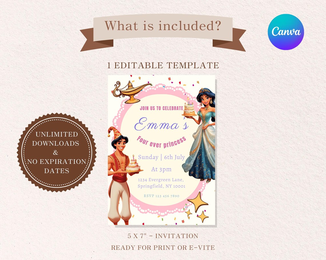 Princess Jasmine Birthday Invitation: Aladdin Theme (digital Printable ...