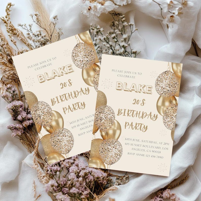 Gold Balloon Theme Party Invitation Template Birthday Party Invite ...