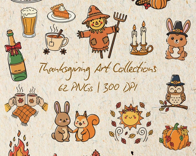 Thanksgiving Clipart Set: Cozy Fall Harvest Illustrations (PNG Files ...