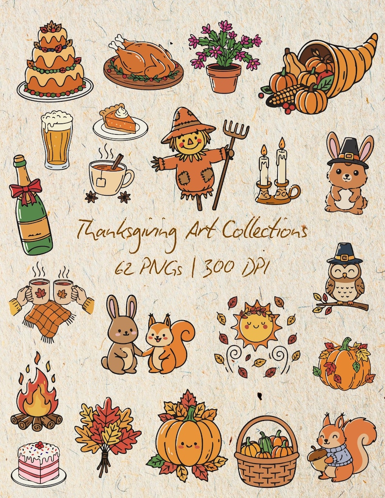 Thanksgiving Clipart Set: Cozy Fall Harvest Illustrations (PNG Files ...