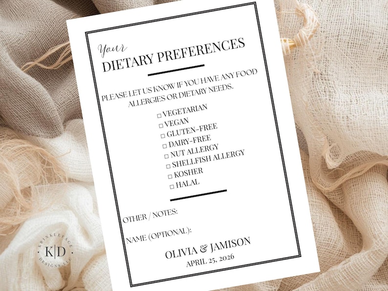 Wedding Dinner Menu & Dietary Allergy Preference Cards | Editable ...