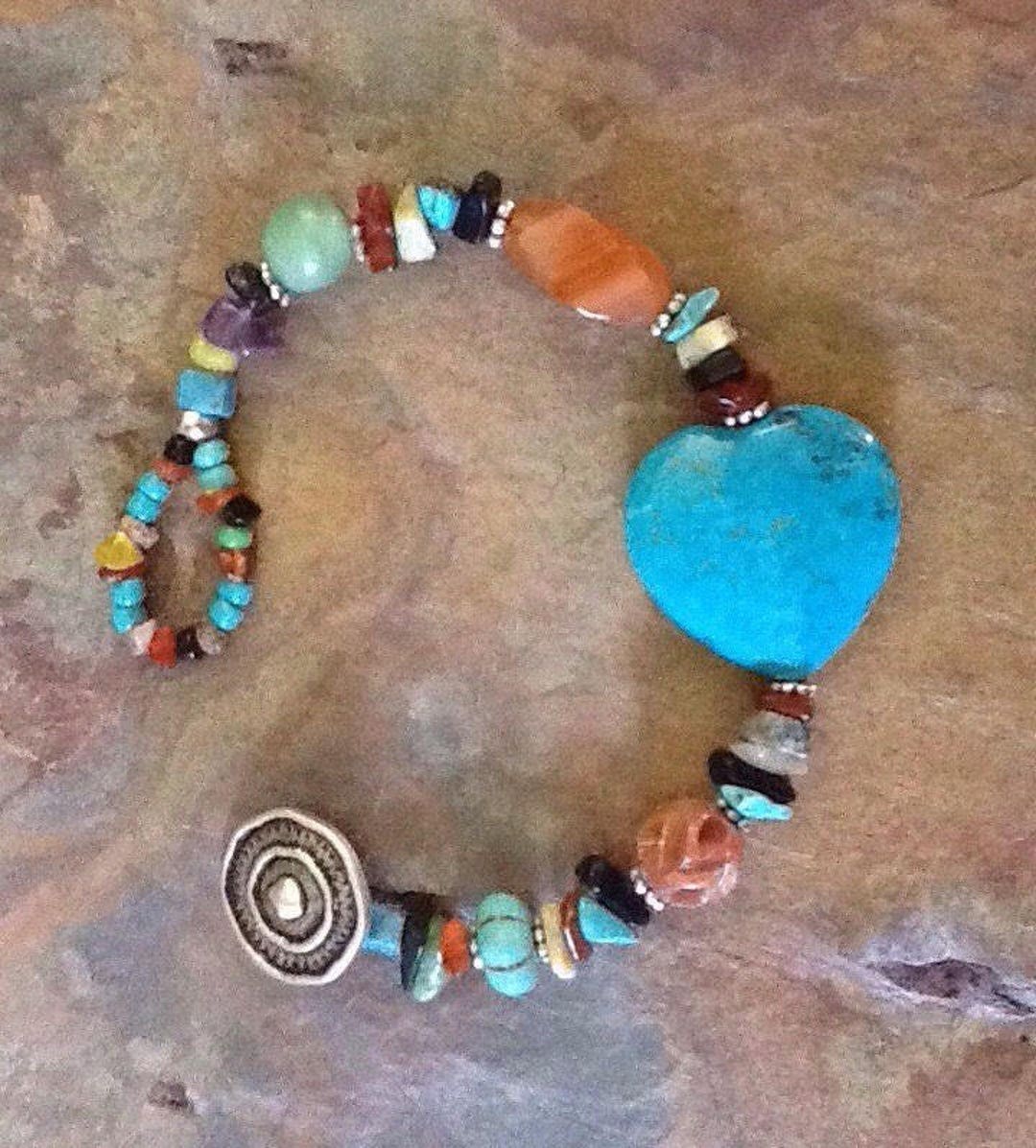 Turquoise Heart Bracelet, Gemstone, Multi Color, Colorful Beads, Ethnic ...