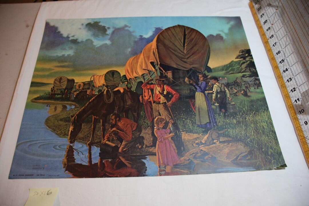 Vintage Luke Doheny Lithograph Wagon Pioneer Western Print "evening ...
