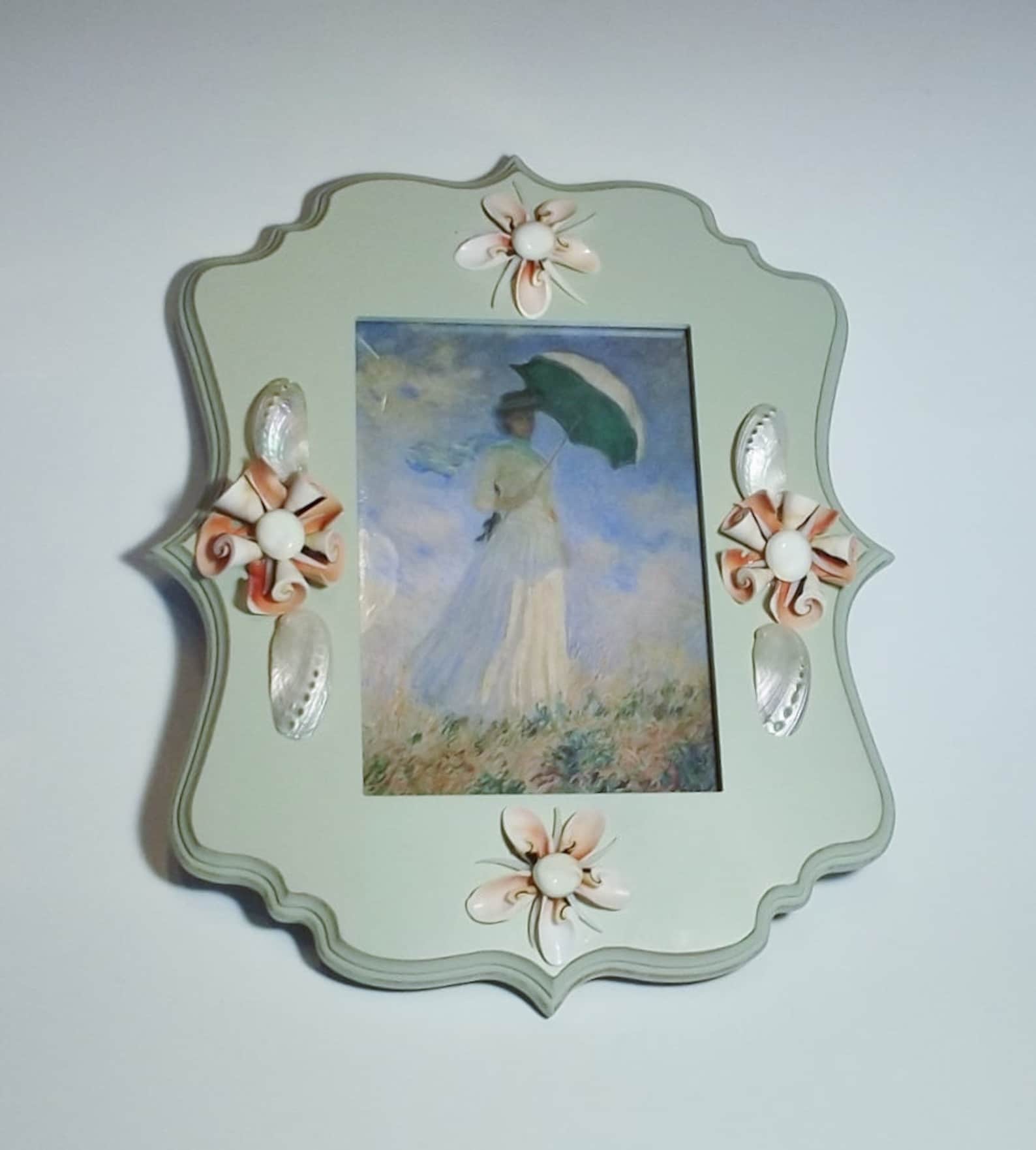 Elegant Light Sage Green Picture Frame With Lily Cut Handmade Seashell ...