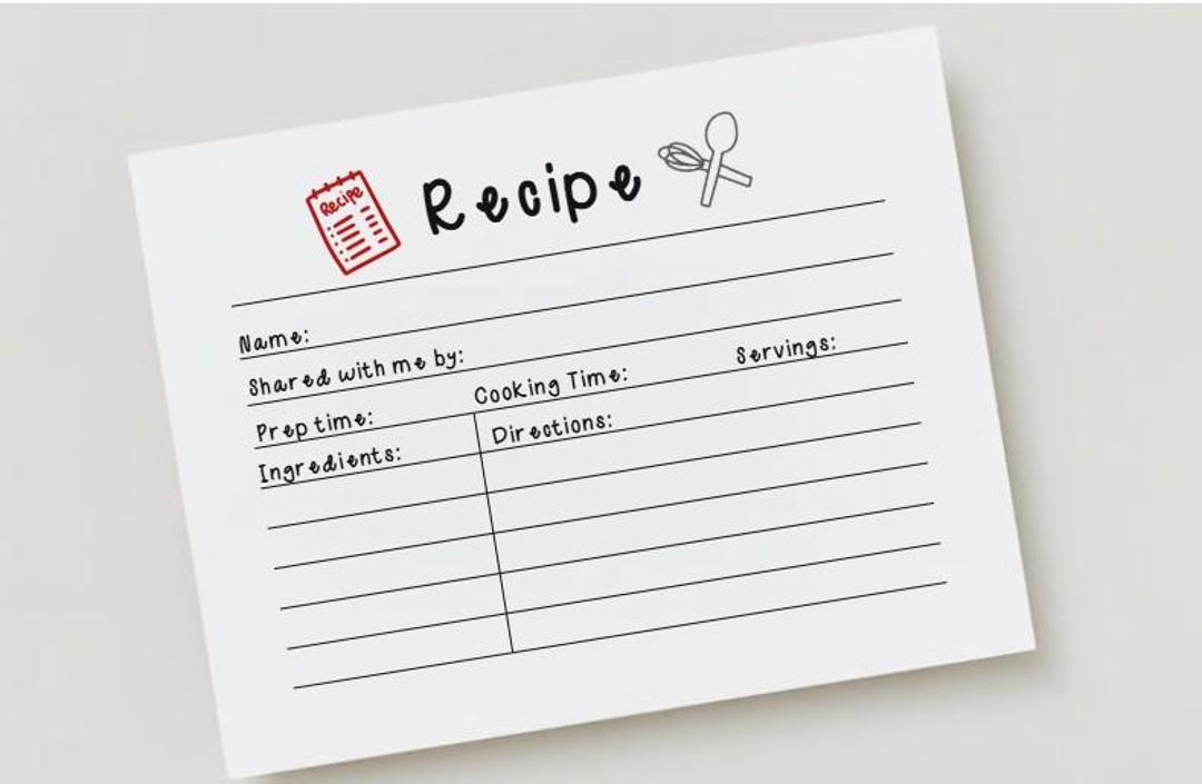Red Colorful Recipe Card Template, Digital Files, PDF Download Simple ...