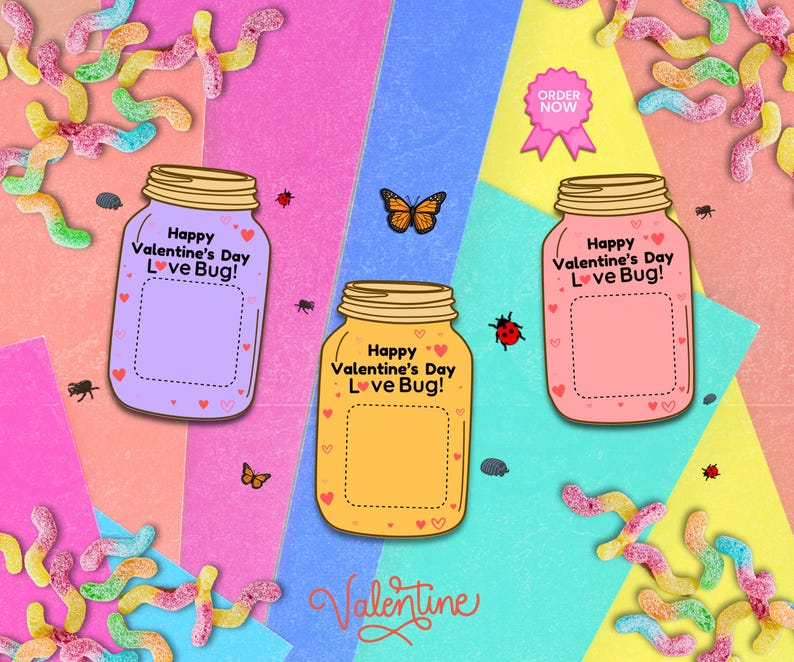 Printable Classroom Valentine Cards | Mason Jar Love Bug Valentines for ...