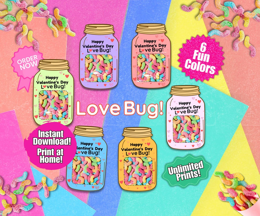 Printable Classroom Valentine Cards | Mason Jar Love Bug Valentines for ...