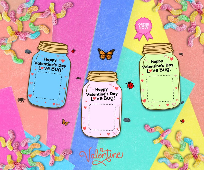 Printable Classroom Valentine Cards | Mason Jar Love Bug Valentines for ...