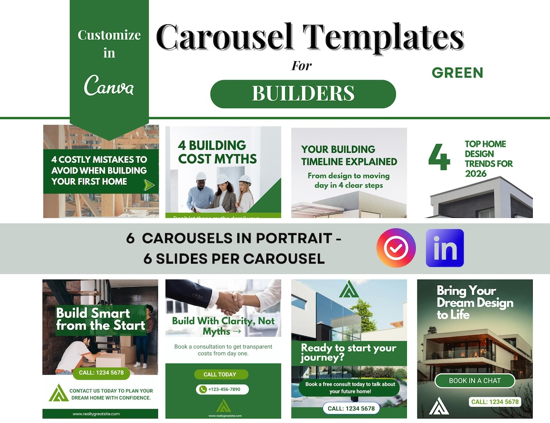 Instagram Carousel Templates for Construction (home Builders) in Green ...