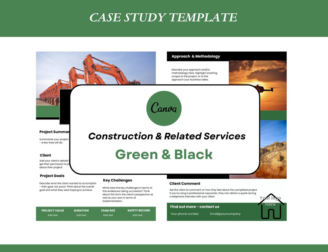 Construction Case Study Template | Green and Black | 2-page A4 Canva ...