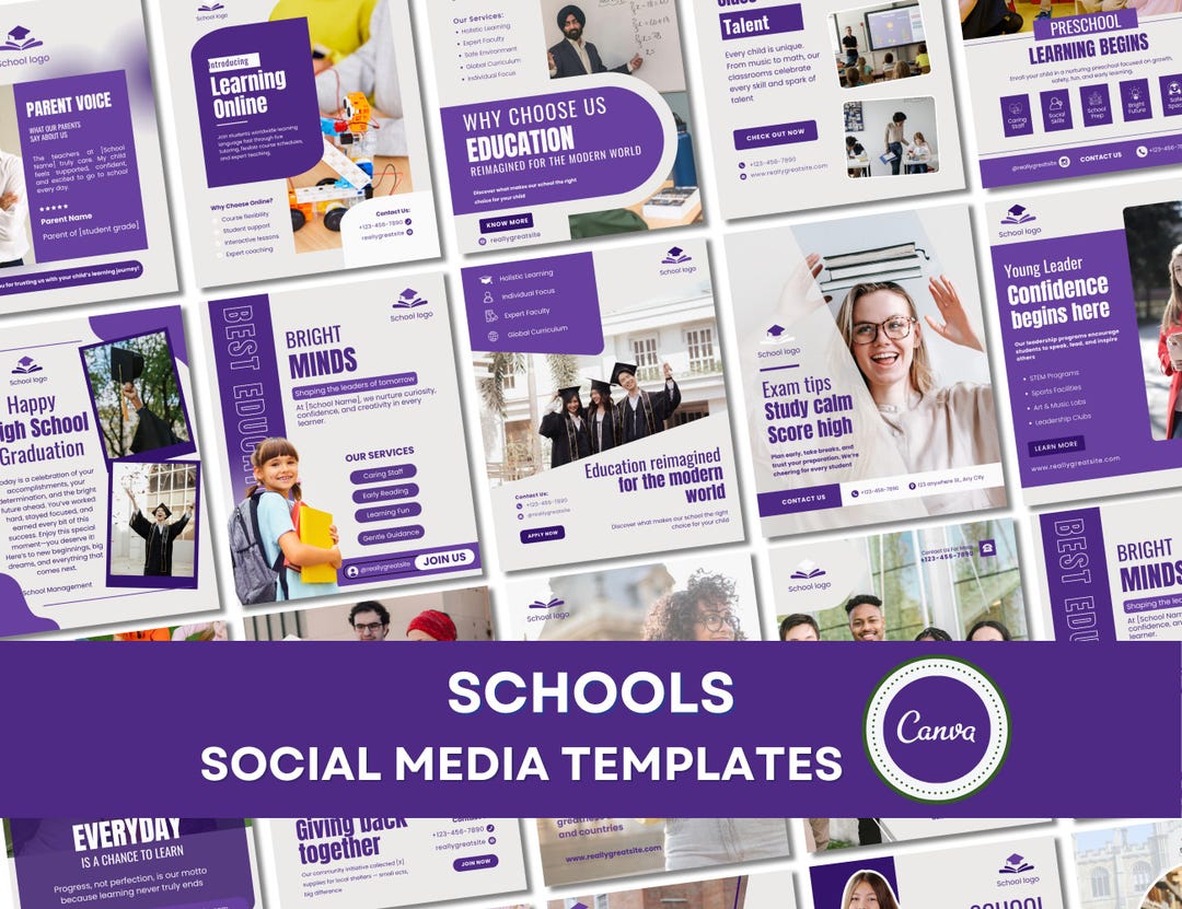 School Social Media Templates in Purple: 40 Canva Editable Posts - Etsy
