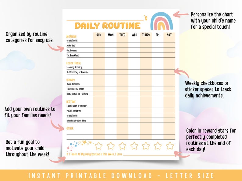 Kids Daily Routine Chart Printable | Morning and Bedtime Tracker ...