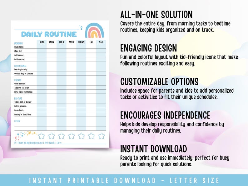 Kids Daily Routine Chart Printable | Morning and Bedtime Tracker ...